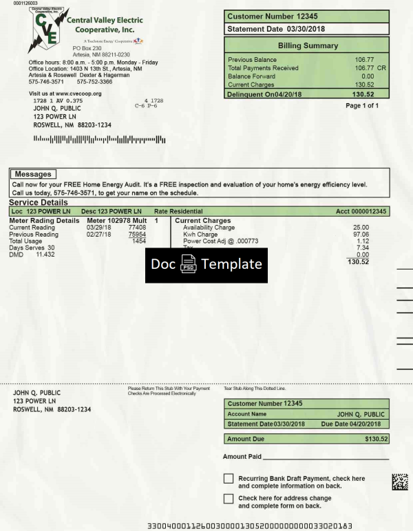 New Mexico Utility Bill Template PSD - PSD Templates