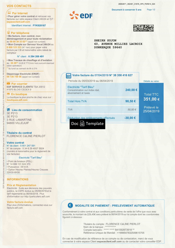 France Utility Bill Template PSD - PSD Templates
